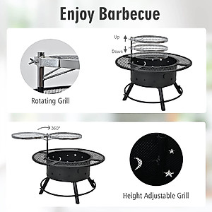 Giantex 2-in-1 Fire Pit with Cooking Grate, 32 Inch Charcoal & Wood Burning Firepit with Swivel Adjustable BBQ Grill & 6.5'' Round Edge Widened Grate, Outdoor Firepit Grill Combo