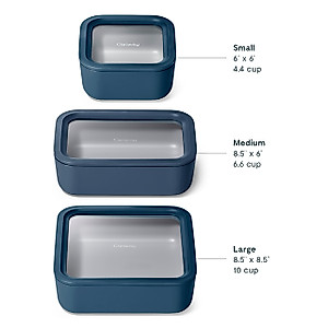 Caraway 3pc Glass Food Storage Set – 10 Cup, 6.6 Cup, & 4.4 Cup Food Containers - Ceramic Coated - Non Toxic Non Stick Lunch Box with Glass Lids - Dishwasher, Oven, & Microwave Safe - Navy