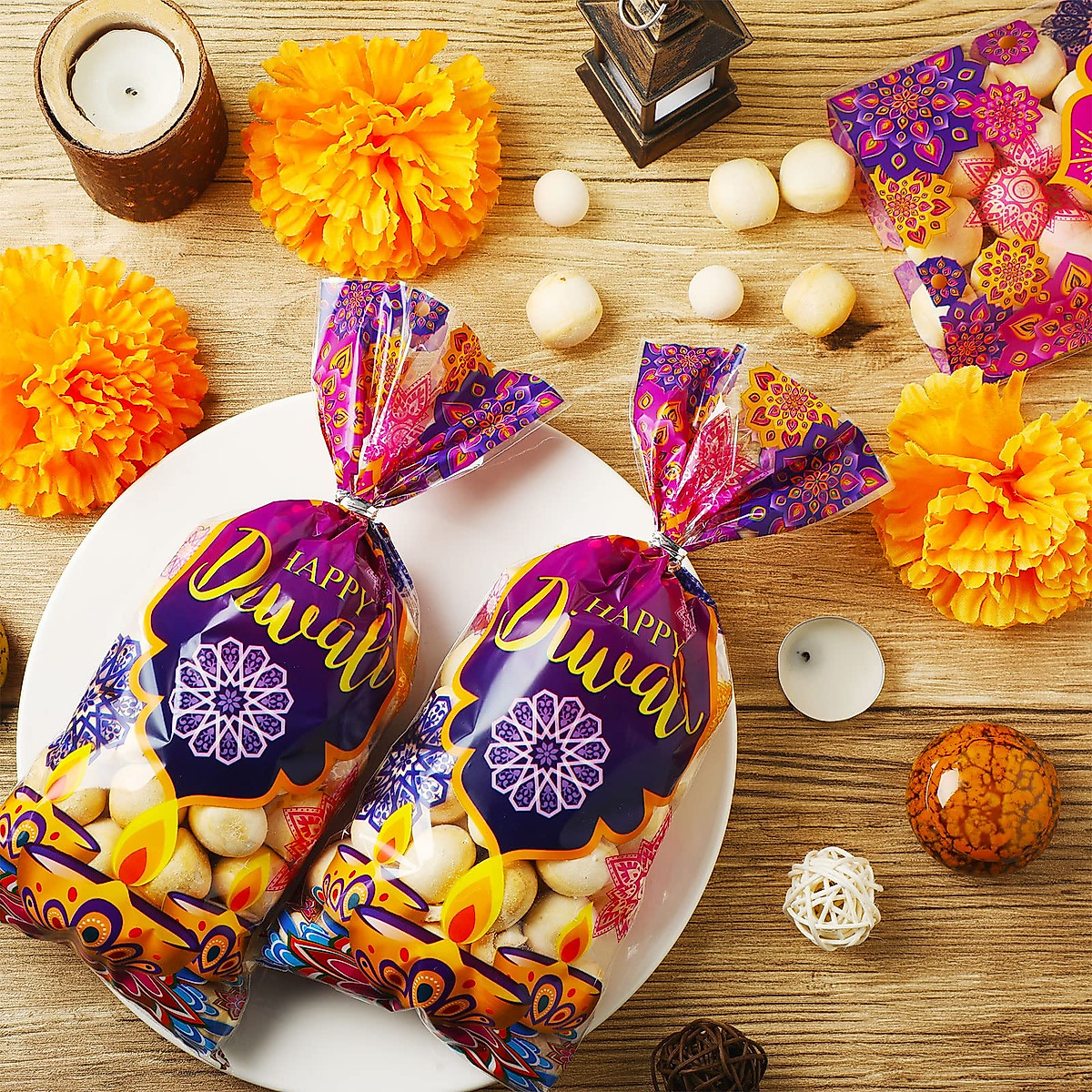 100 Pieces Happy Diwali Party Favor Bags, Festival of Lights Gift Candy Bags with Twist Ties Cellophane Plastic Treat Goodie Bags for Diwali Party, Indian Lights celebration Party Supplies Decoration