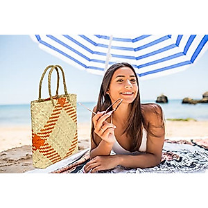 MAYANSHUL Mexican handbag Palm Leaf for Women | Handcrafted by Mexican Artisan | Summer Beach Tote Bag |100% Ecological | Beige and Orange color | Lightweight