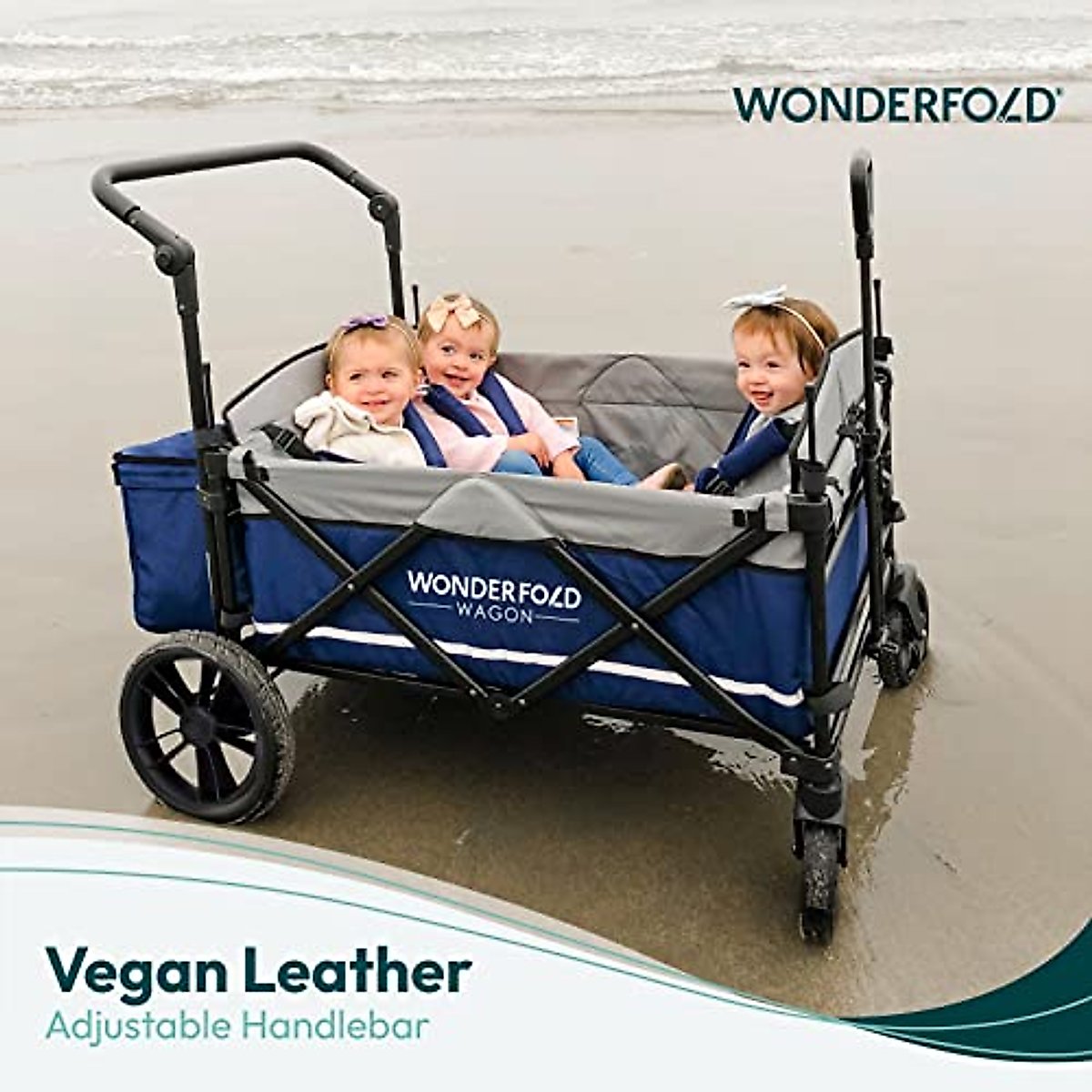 WONDERFOLD X4 Push & Pull Quad Stroller Wagon (4 Seater) Featuring Seats with 5-Point Harnesses, Adjustable Push Handle, and Adjustable/Removable UV-Protection Canopy, Stealth Black