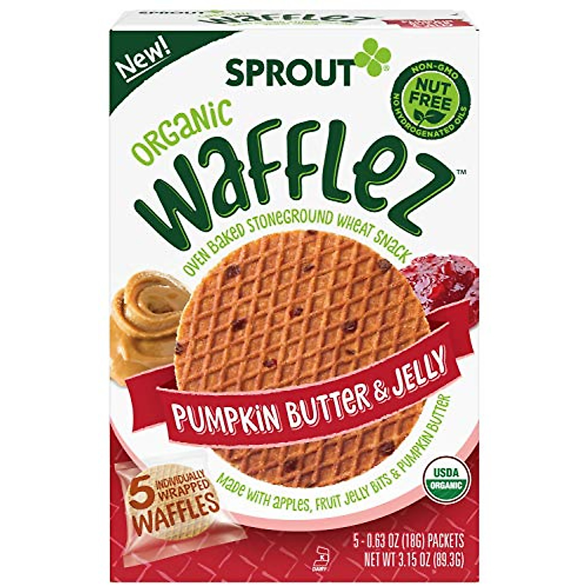 Sprout Organic Baby Food, Stage 4 Toddler Snacks, Pumpkin Butter & Jelly Wafflez, Single Serve Waffles, 0.63 Ounce (Pack of 5)