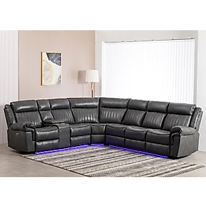 Hybition Power Reclining Sectional Sofa Multi-Functional 6 Seater Sectional Sofa L-Shaped PU Leather L-Shaped Sofa LED Lights Stereo Storage Cup Holders USB -Grey