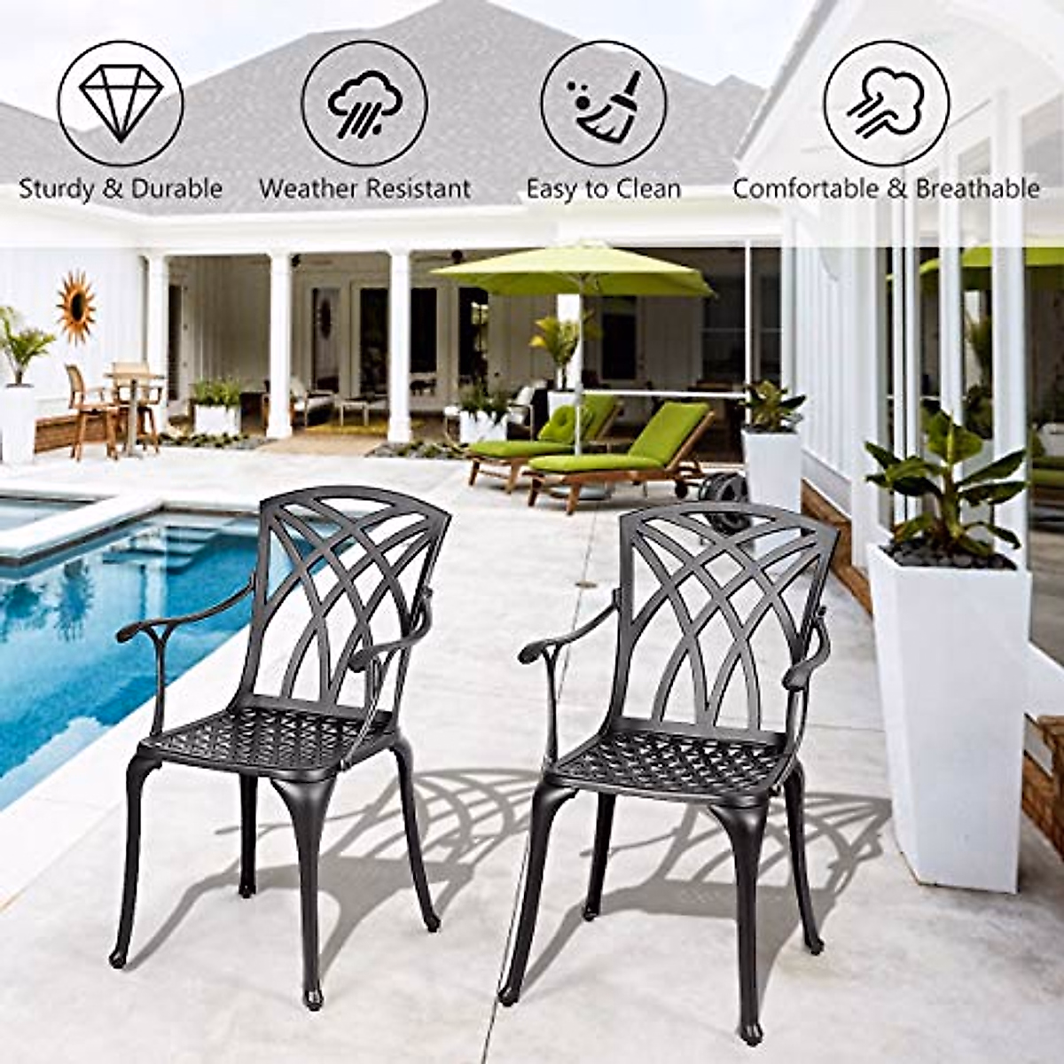 Giantex Set of 2 Outdoor Dining Chairs, Cast Aluminum Chairs with Armrest, 2-Pack Patio Armchairs for Garden, Backyard