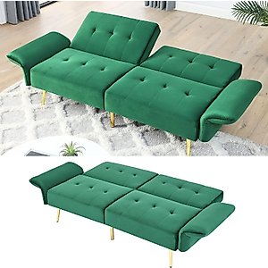 WinJoy Convertible Futon Sofa Bed with Folded Arms, Multi-Functional Velvet Sleeper Bed Reversible Couches with Storage and Adjustable Backrest, Armrests for Living Room, Apartment, Small Space Green