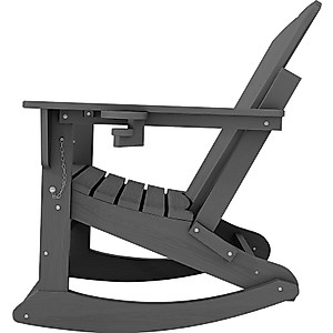 KINGYES Folding Adirondack Rocking Chair with Retractable Ottoman and Cup Holders, 4-in-1 Multifunctional HDPE Adirondack Chair for Porch, Patio, Balcony, Leaden Grey