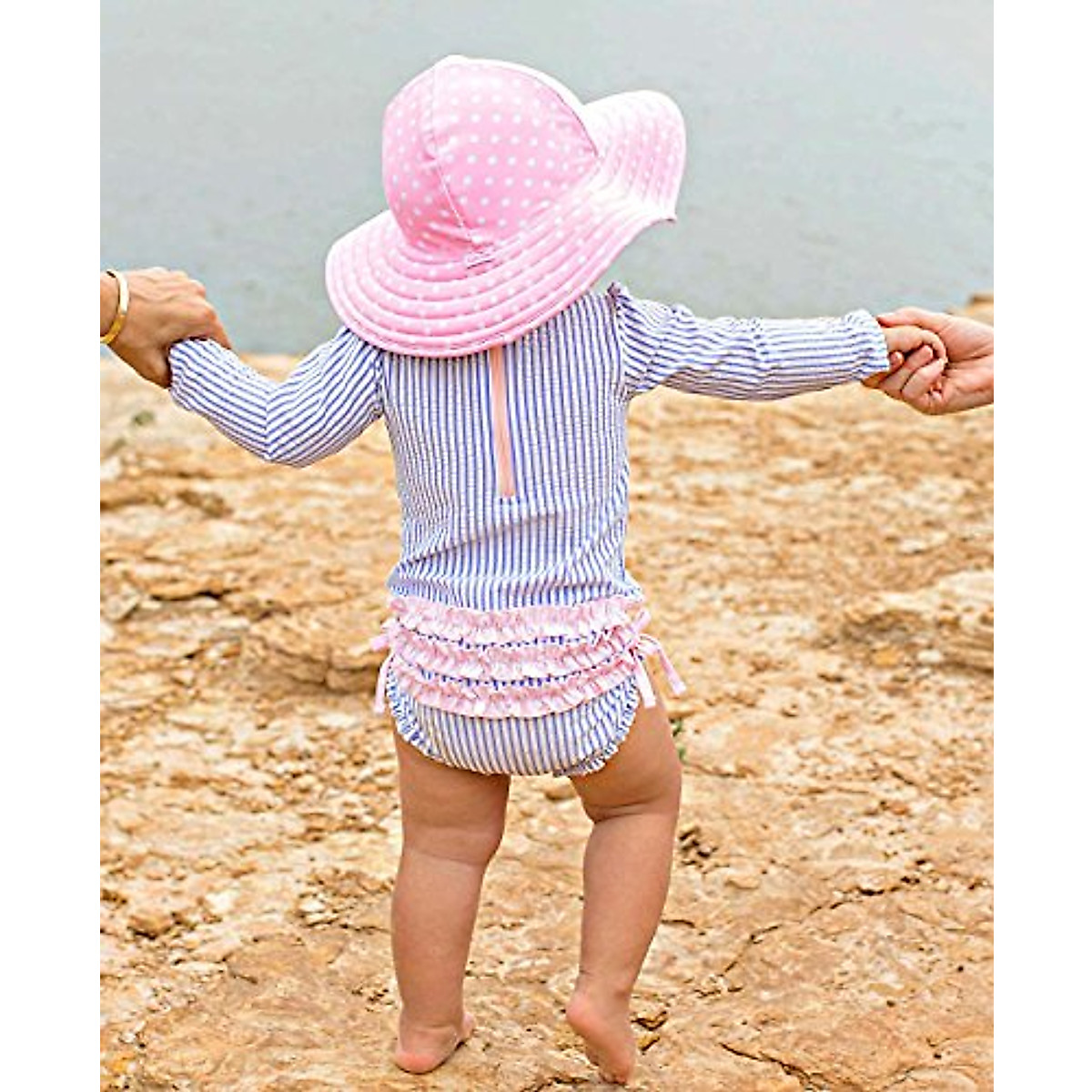 RuffleButts® Baby/Toddler Girls Long Sleeve One Piece Swimsuit - Blue Seersucker with UPF 50+ Sun Protection - 6-12m