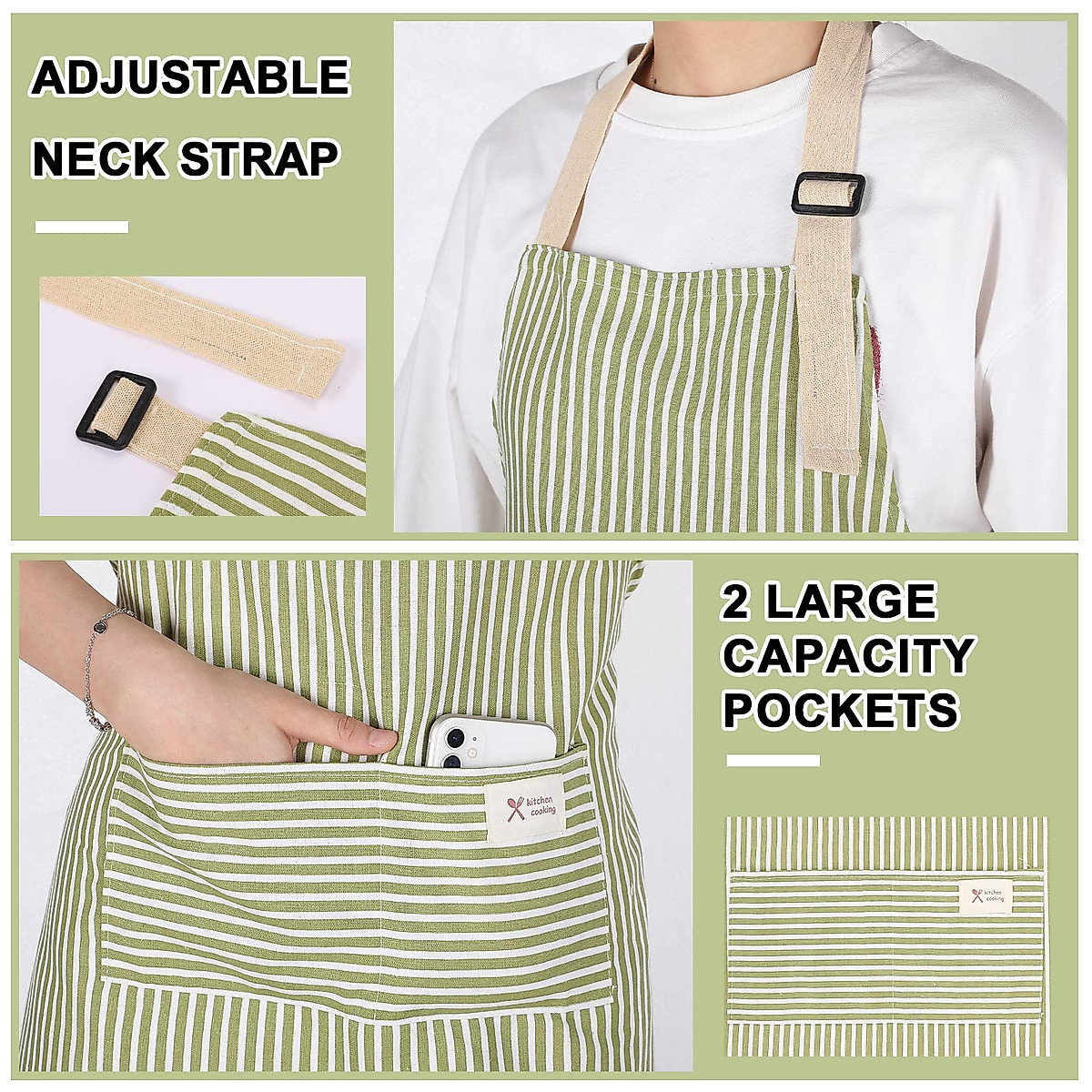 Janmercy 24 Pcs Aprons for Women Men with 2 Pockets Linen Cooking Kitchen Apron Adjustable Bib Chef Apron Bulk Aprons Unisex (Brown/Green Stripes)