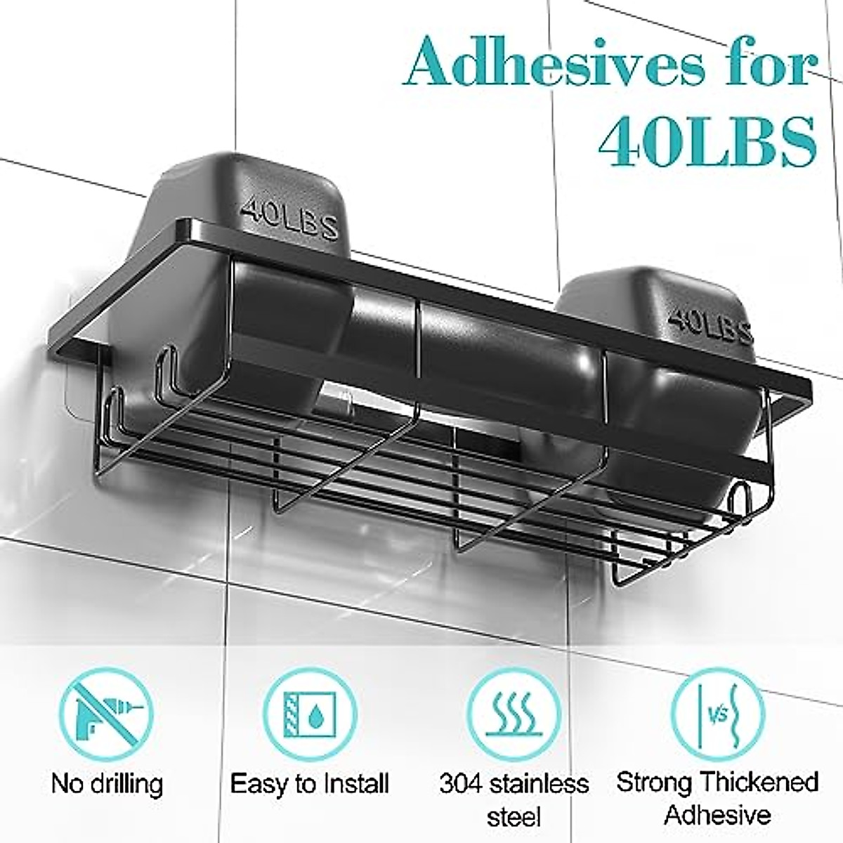 Mycuppca Shower Caddy, 2 Pack Adhesive Bathroom Shower Organizer, Black Shower Shelves with Hooks Stainless Shower Rack for Inside Shower No Drilling Wall Mounted Shower Storage Shower Shampoo Holder