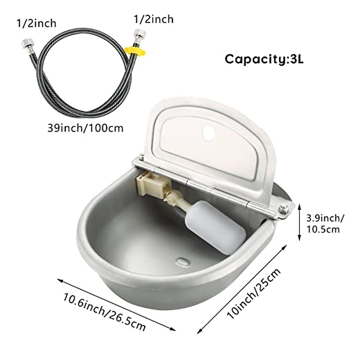 NATGAI Automatic Waterer Bowl with Float Valve and Braided Hose | Stainless Steel Stock Waterer Horse Cattle Goat Sheep Dog Waterer for Livestock Dog Goat Pig Waterer (with Drainage Hole)