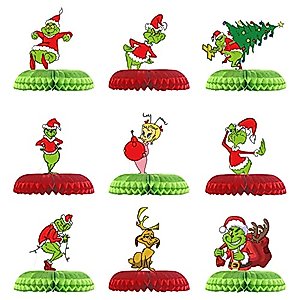 9 Piece Grinch Christmas Decorations, Christmas Party Centerpieces Honeycomb Tabletop Decorations for Party Home Decorations, Christmas Themed Birthday Party Favors