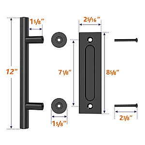 HomLxclx 12" Sliding Barn Door Handle Pull and Flush Hardware Set & Barn Door Floor Guide 8 in 1 Adjustable Roller, Easy to Install, Black