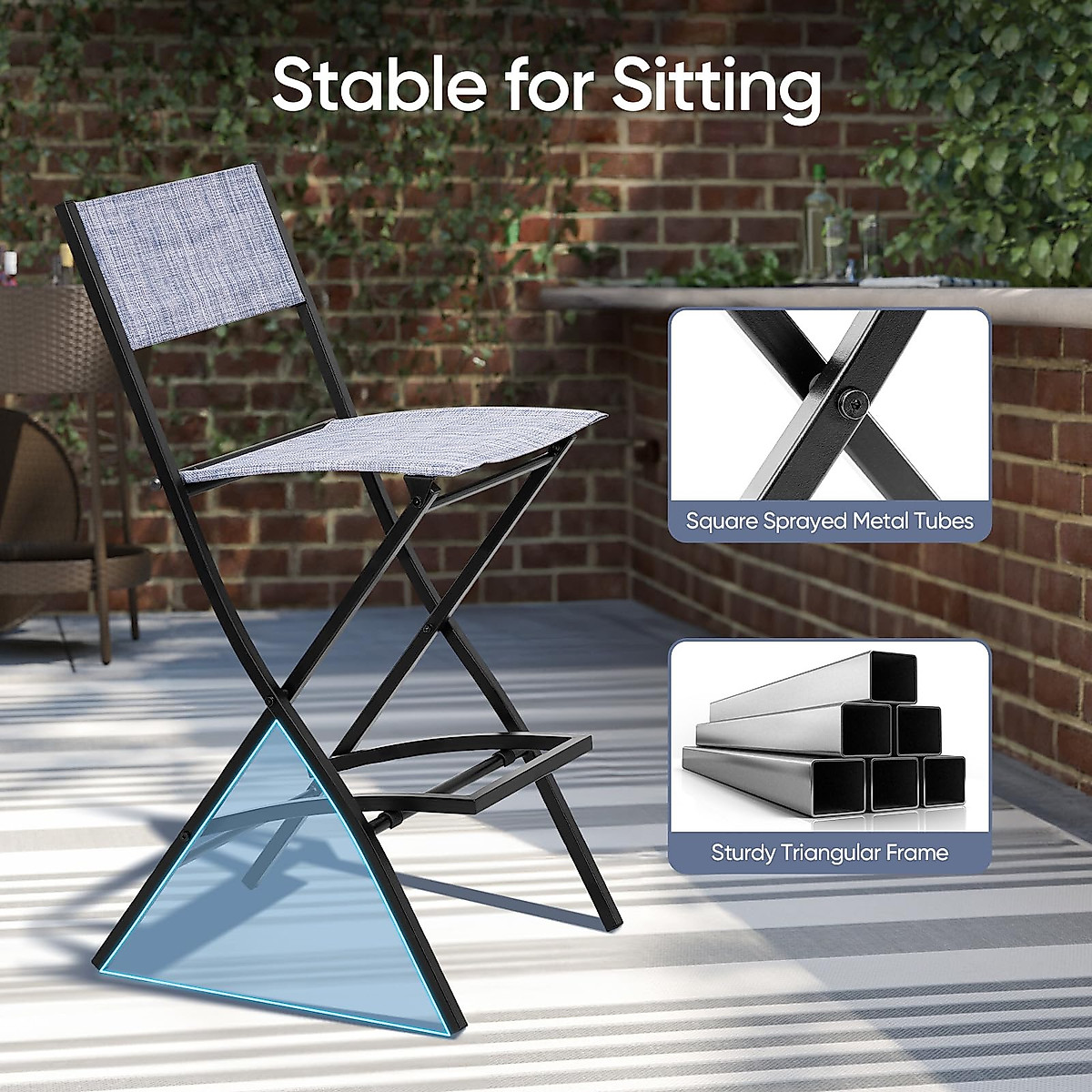 Outdoor Patio Bar Stools Set of 2, Folding Counter Height Stool with Footrest and Heavy-duty Metal Frame, Outdoor Bar Chairs with Breathable Textilene Fabric, Patio Bar Sets for Balcony, Poolside