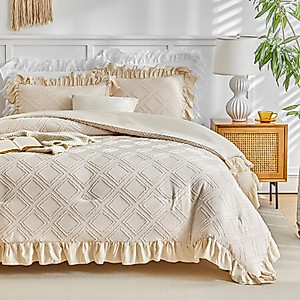 Tufted Ruffle Comforter Set Twin Size, 3 Pieces Beige Ruffled Farmhouse Comforters, Luxury Solid Color Soft and Embroidery Shabby Chic Boho Bohemian Bedding Set for Kids(1 Comforter + 2 Pillowcases)