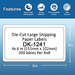 Label KINGDOM Replace for DK-1241 Die-Cut 4" x 6" Large Shipping Paper Label (102 mm x 151 mm) 200/ Roll DK Adress Labels for Brother QL-1100 (6 Roll + 1 Detachable Frame)