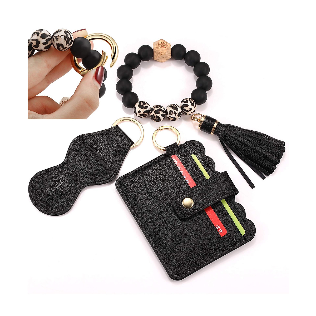 BVGA Wristlet Keychain Bracelet with Wallet，Silicone Bead keyring Bracelet Bangle Car Key Ring Holder Tassel Keyring for Women