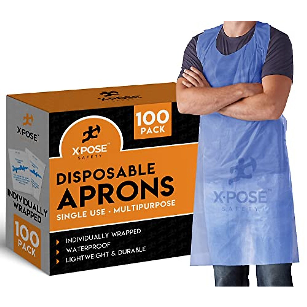 Xpose Safety Plastic Disposable Aprons - Individually Packaged Durable 1 mil 24" x 42" (100, Blue)