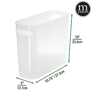 mDesign Plastic Small Trash Can, 1.5 Gallon/5.7-Liter Wastebasket, Narrow Garbage Bin with Handles for Bathroom, Laundry, Home Office - Holds Waste, Recycling, 10" High - Aura Collection, Frost White
