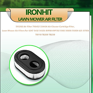 IRONHIT (2 Pack) 593260 798452 Air Filter, 593260 798452 334404 Lawn Mower, Replace for 4247 5432 5432k 09P00 09P702, 500 500ex 550ex 625e 675ex 725exi Series Engines, Fit for TB110 TB200 TB230 (2)