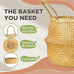 Yes4All Woven Seagrass Plant Basket, Handwoven Belly Basket For Plants, Wicker Planter Basket, Foldable Seagrass Belly Basket for Storage, Large Plant Baskets Indoor (Large Size 13.4 inches)