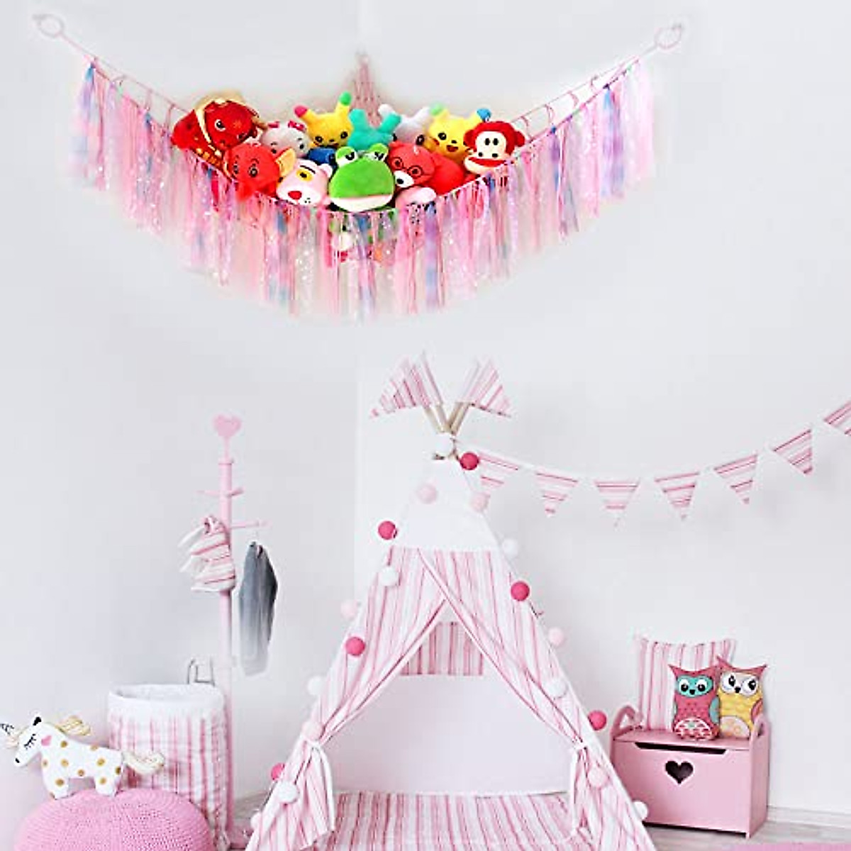 Stuffed Animal Net or Hammock with LED Light, Toy Hammock Hanging Stuffed Animal Storage Organizer Holder Boho Decor for Nursery Playroom Bedroom Kids Room Storage (Pink)