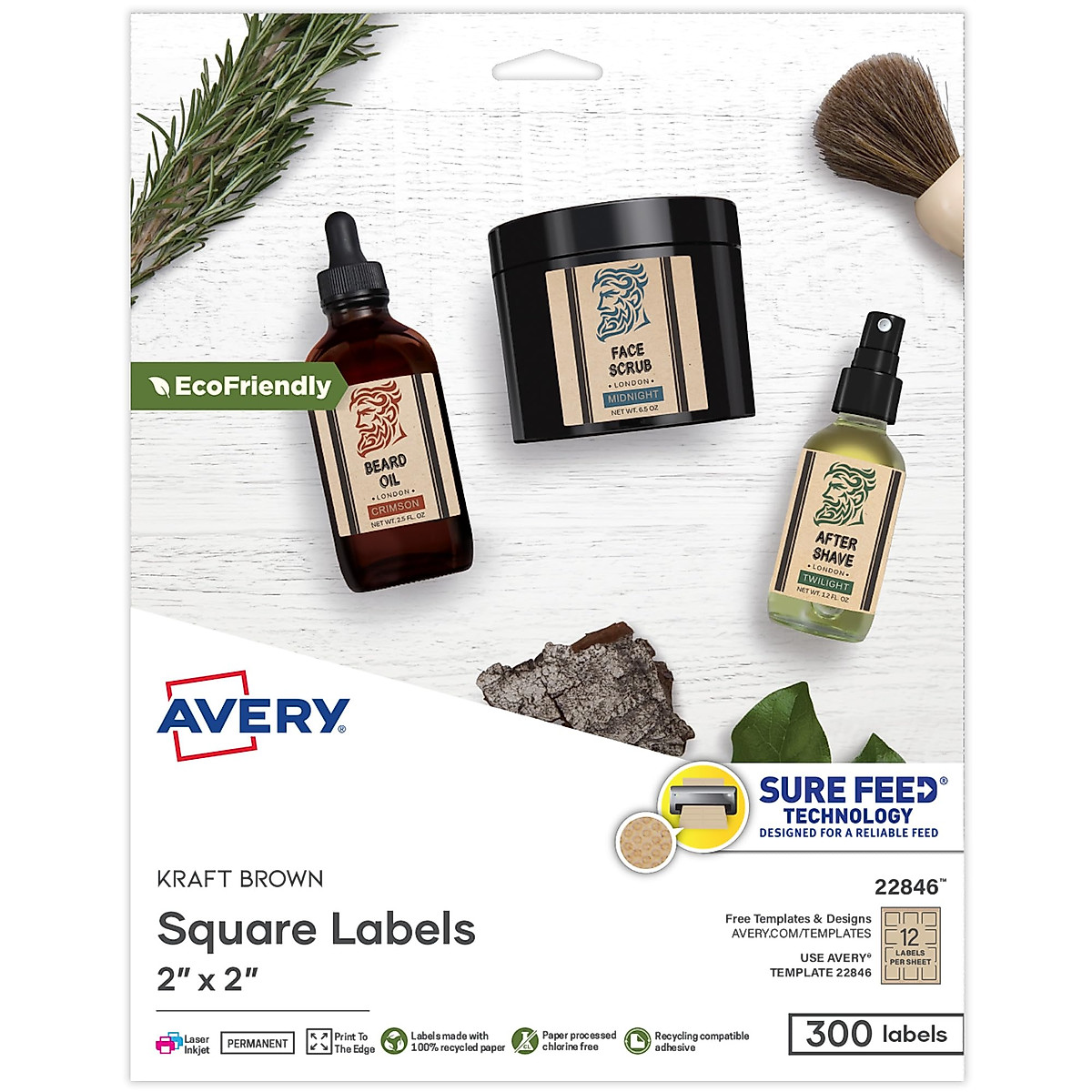 Avery Printable Blank Square Labels, 2" x 2", Kraft Brown, 300 Customizable Labels (22846)