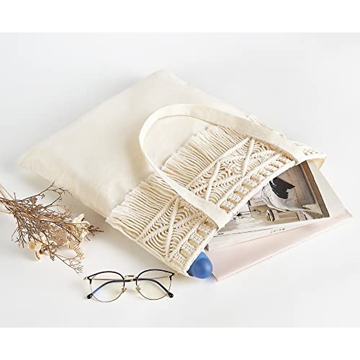 Mkono Canvas Tote bag for Women Boho Aesthetic Shoulder Handbag with Macrame Fringe Reusable Shopping Bag Lightweight Unique Gift Bag Cute Tote Bag for School Work Beach Travel Wedding Holiday