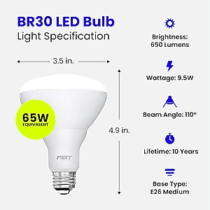 Feit Electric BR30 LED Light Bulbs, 65W Equivalent, Non Dimmable, 10 Year Life, 650 Lumens, 5000K Daylight, E26 Base Recessed Can Light Bulbs, Flood Light Bulbs, Damp Rated, 3 Pack, BR30/850/10KLED/3