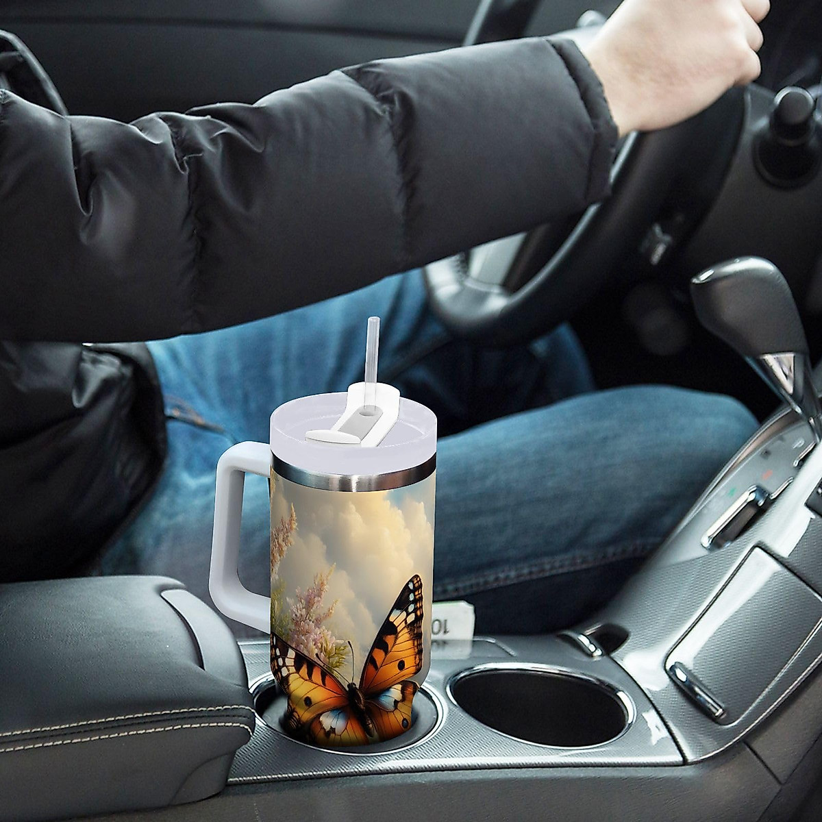 Jihqo Spring Butterflies Landscape 40 oz Stainless Steel Vacuum Insulated Tumbler with Handle and Straw Lid, Leakproof Water Bottle Double Wall Travel Mug Coffee Cup, Cupholder Friendly