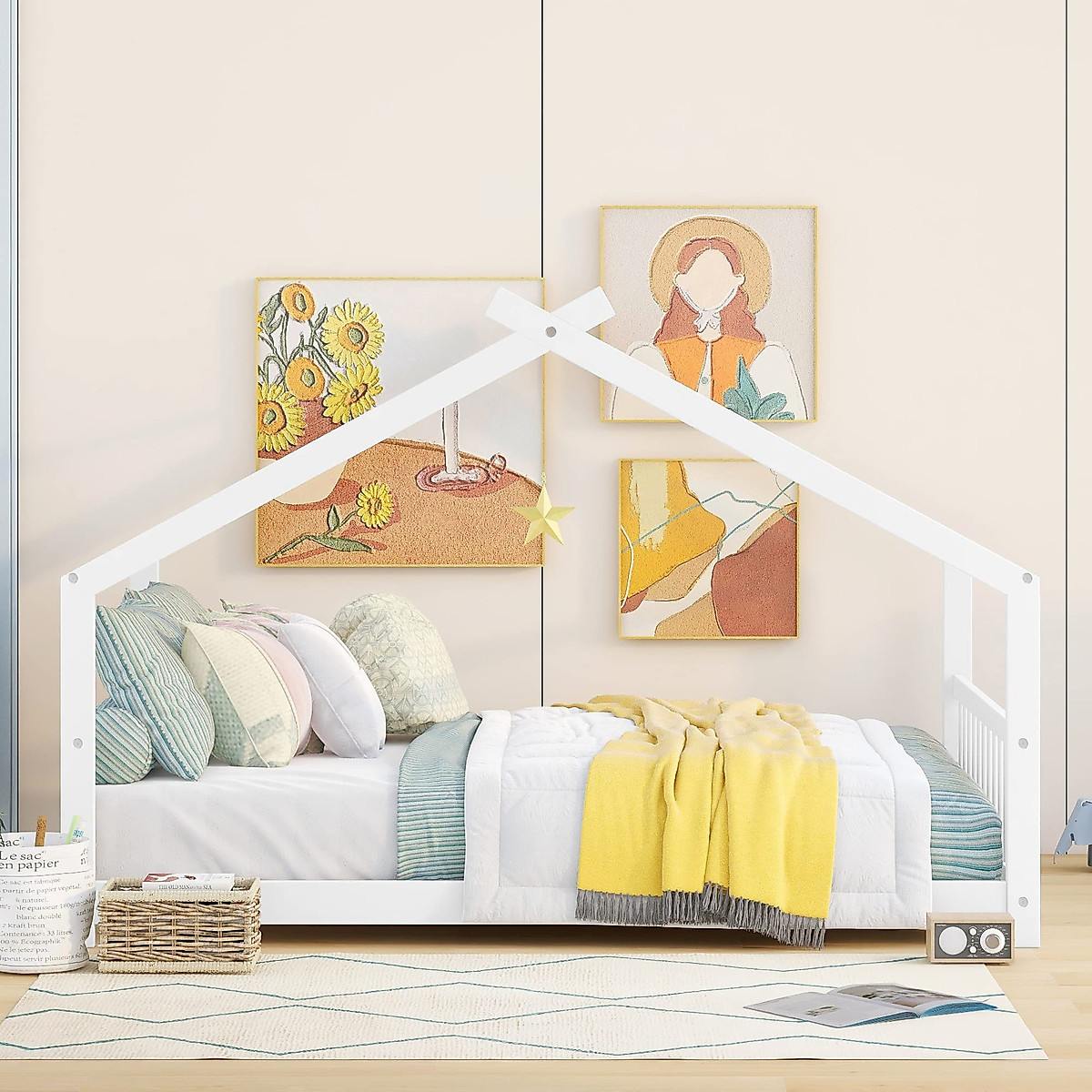 Harper & Bright Designs Full Size House Bed for Kids, Full Bed Frame with Headboard and Footboard, Wooden Kids House Bed for Girls Boys Bedroom Furniture, No Box Spring Needed, White