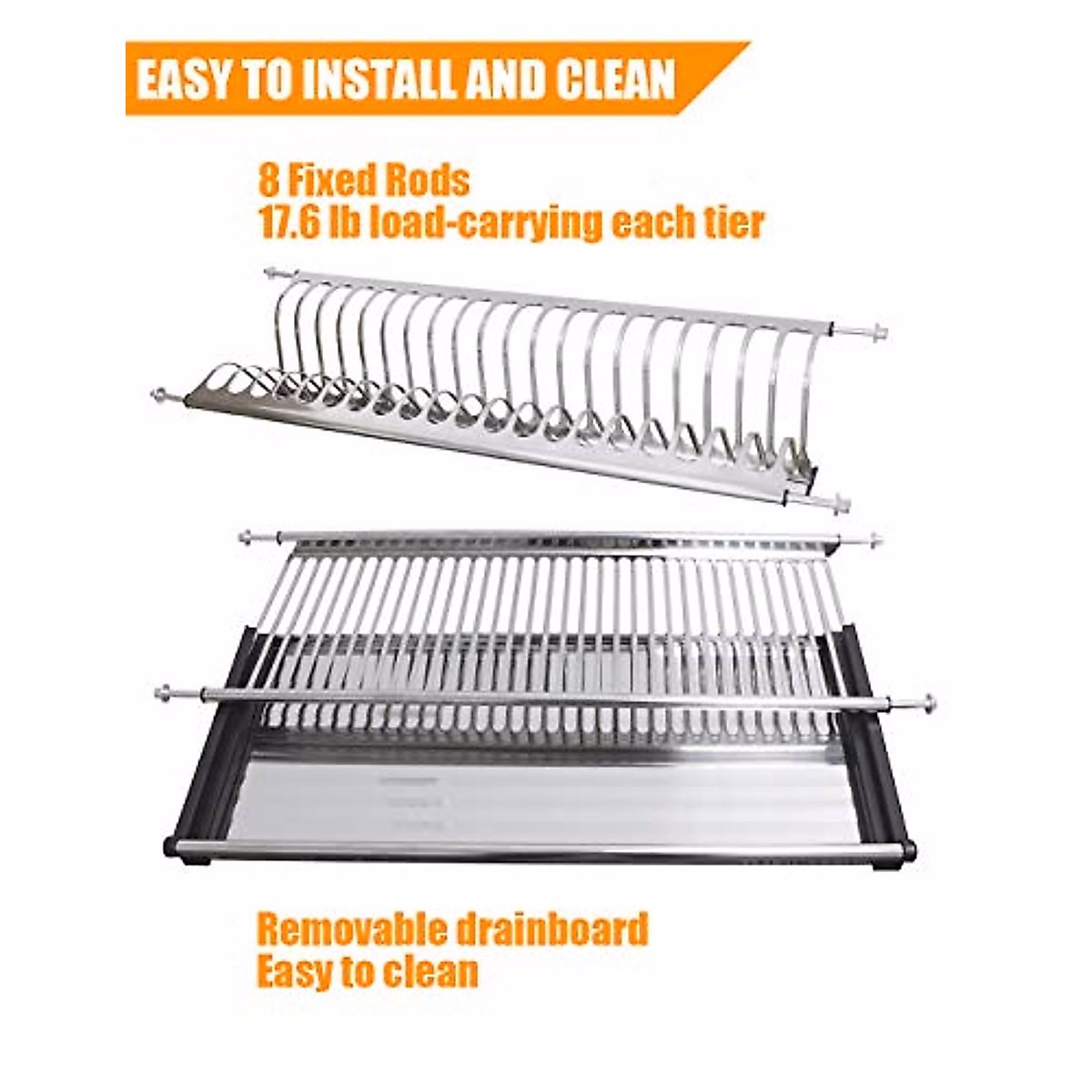 Kitchen Hardware Collection 2 Tier Cabinet Dish Drying Rack Stainless Steel 22.24 Inch Length 20 Dish Slots Kitchen Plate Bowl Utensils Cups Draining Rack Organizer with Drainboard