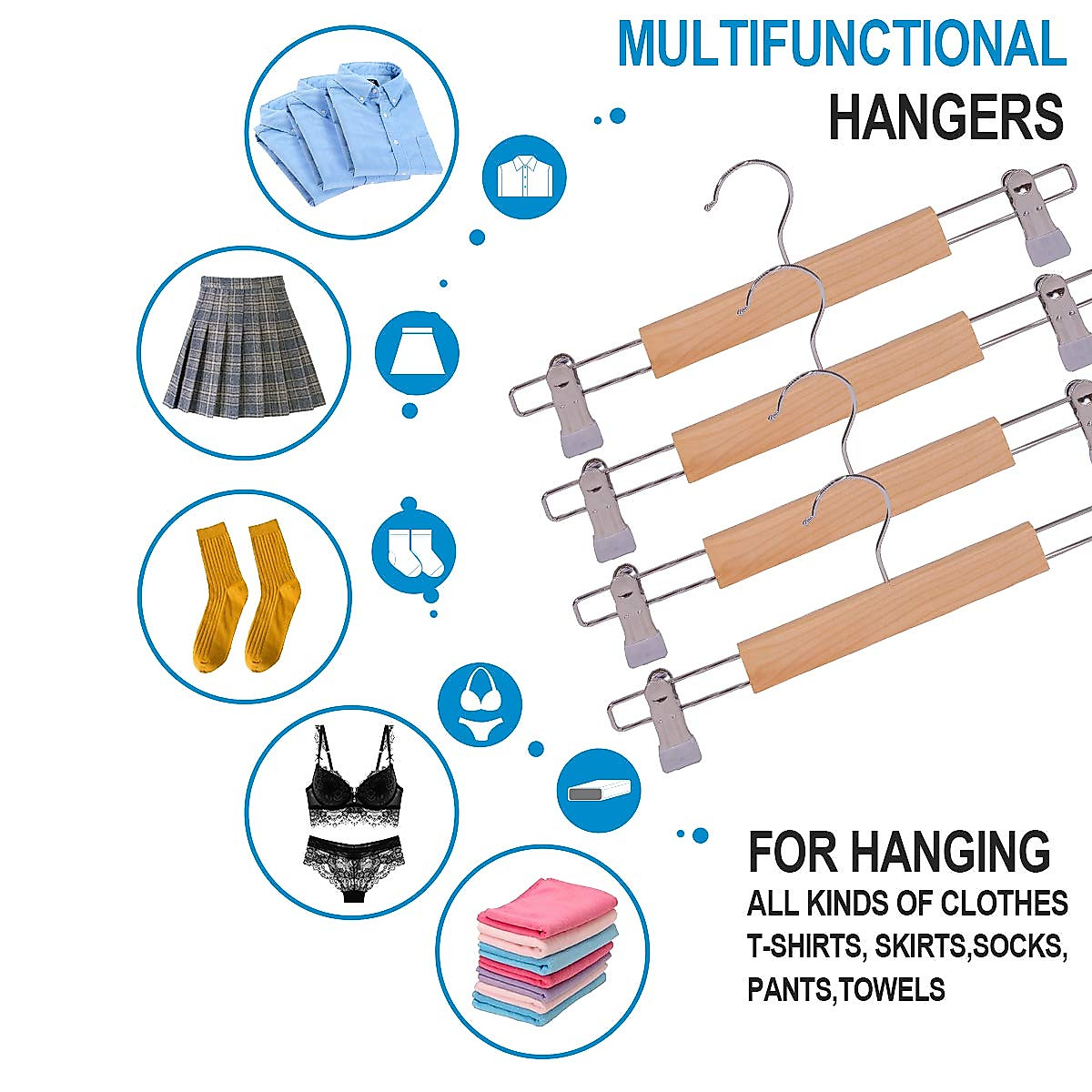 ELONG HOME Wooden Pants Hangers 12Packs, Skirt Hangers with Adjustable Clips, Non Slip Wood Clothes Hangers with Clips, Space Saving Hangers for Pants Skirts Trousers Slacks Jeans