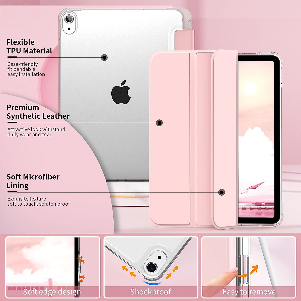 Kenke for iPad Air 6th Generation Case 11 inch (2024) iPad Air 5th Generation Case (2022) / iPad Air 4th Generation Case (2020) 10.9 Inch Case with Pencil Holder & Soft TPU Back Shell (Light Pink)