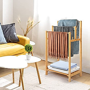 Nisorpa 3 Tier Freestanding Towel Rack Bamboo Bathroom Towel Drying Stand Holder Bamboo Standing Towel Rack with Bottom Storage Shelf for Hand Towel Washcloth Facecloth Small Bath Towel and Bathrobe