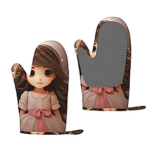 Cute Little Girl Printed Oven Mitts Heat Resistant Oven Gloves Non-Slip Silicone Kitchen Gloves for Cooking Baking BBQ Gloves 1 Pair