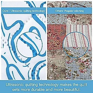 FRAMICS 3-Piece King Size Reversible Quilt Set Summer Quilt Lightweight Ocean Quilts Beach Bedspread Coverlet Blue Coral Conch Seashell Coastal Bedding for All Season(1 Quilt, 2 Pillow Shams)