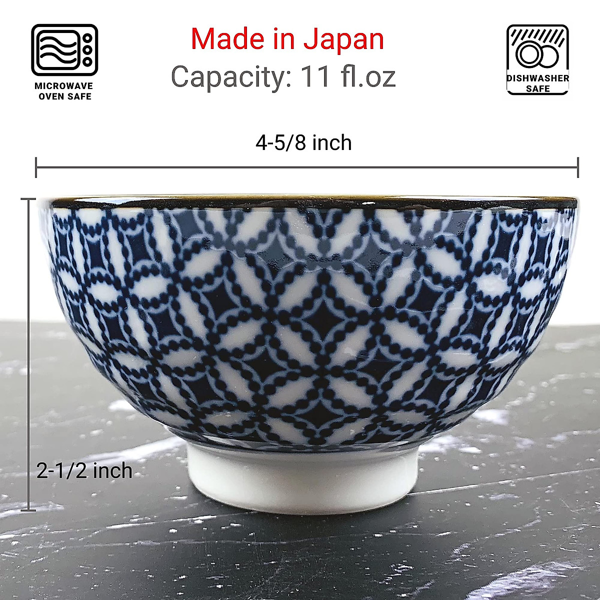 JapanBargain 4686, Japanese Porcelain Rice Bowls Gift Set, Traditional Japanese Inspired Pattern Miso Soup Bowls, Blue Color Salad, Set of 5, Made in Japan
