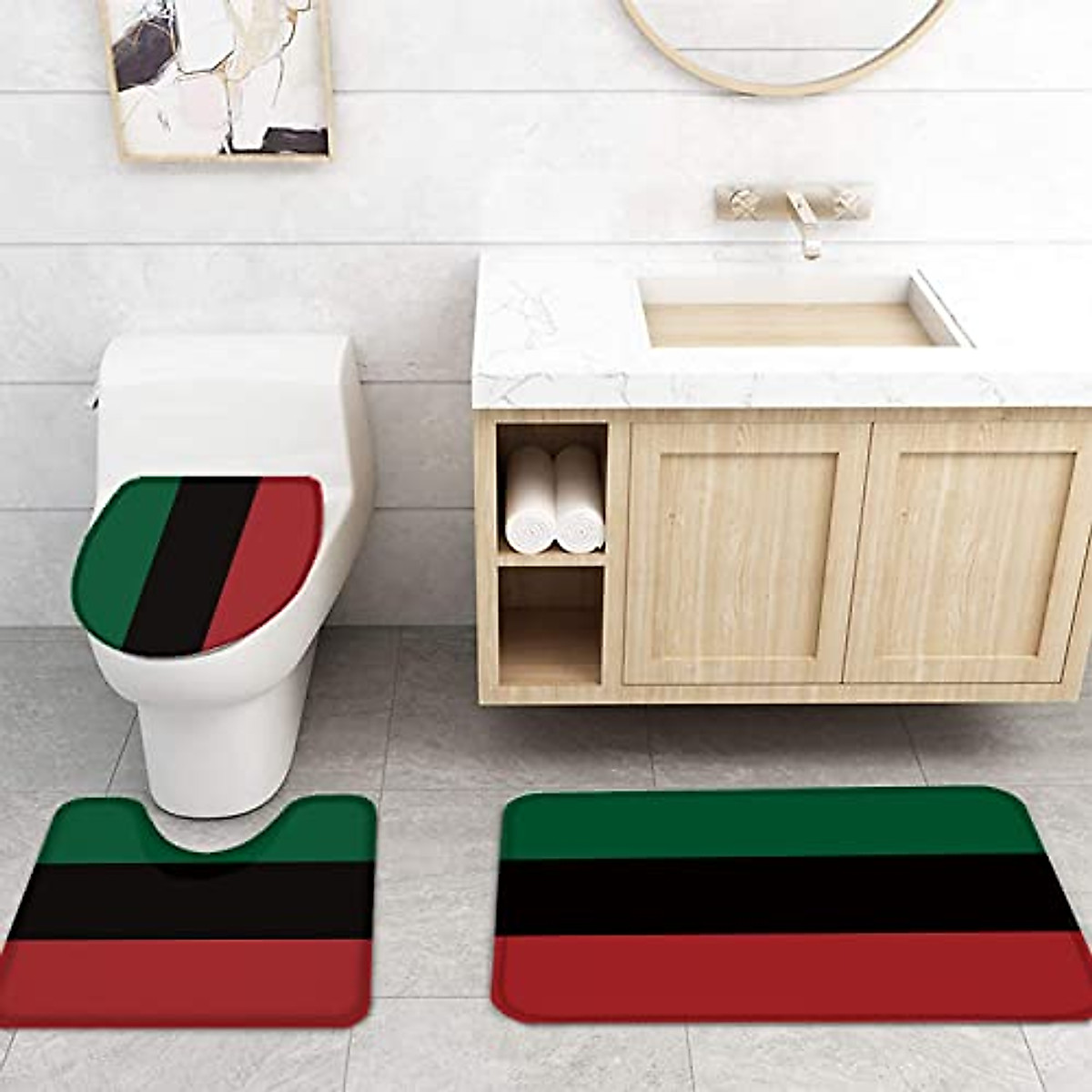 Shower Curtain Set with Bathroom Rugs and Mats Independence Day USA Flag Black Red Green Stripe Bathroom Rugs Set 4 Piece, Non-Slip Rugs,Toilet Lid Cover Bath Mat, Waterproof Shower Curtain for Tub