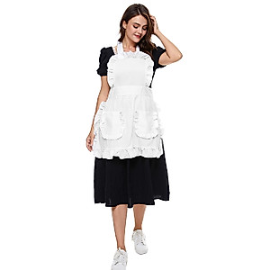 LilMents Women's Ruffles Outline Retro Pockets Apron Kitchen Cooking Cleaning Maid Costume (White)