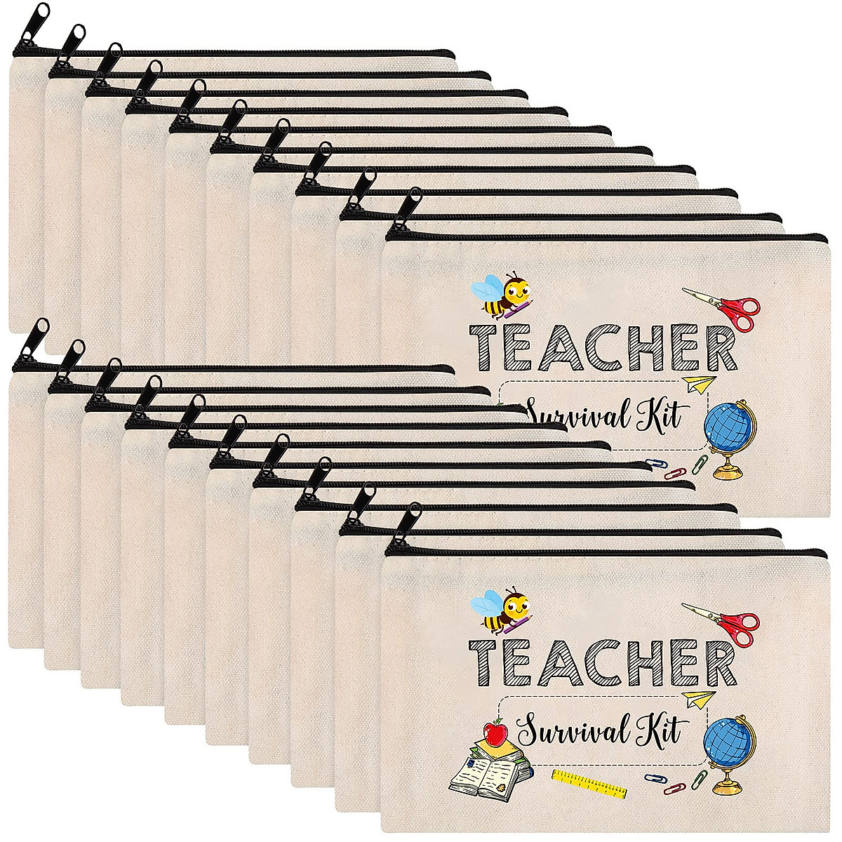 24 Pcs Teacher Appreciation Gift Makeup Bags Teacher Survival Kit Cosmetic Bags Canvas Zipper Pouch Travel Toiletry Case (7.1 x 4.3 Inch) Multicolor