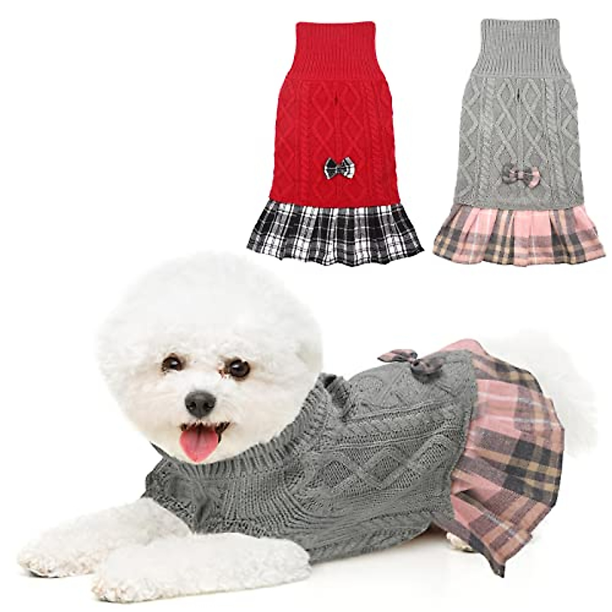 Weewooday 2 Pieces Dog Sweater Plaid Dress Turtleneck with Bow Tie Cold Weather Sweater Pet Sweater Pullover Knitwear Puppy Sweater for Fall Winter Red and Gray (Medium)