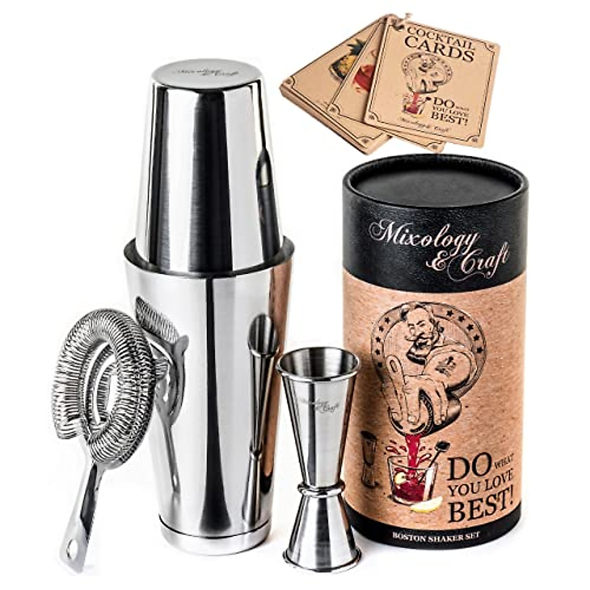 Mixology Cocktail Shaker Boston Shaker Set Professional Weighted Martini Shakers, Strainer and Japanese Jigger, Portable Bar Set for Drink Mixer Bartending, Exclusive Recipes Cards (Silver)