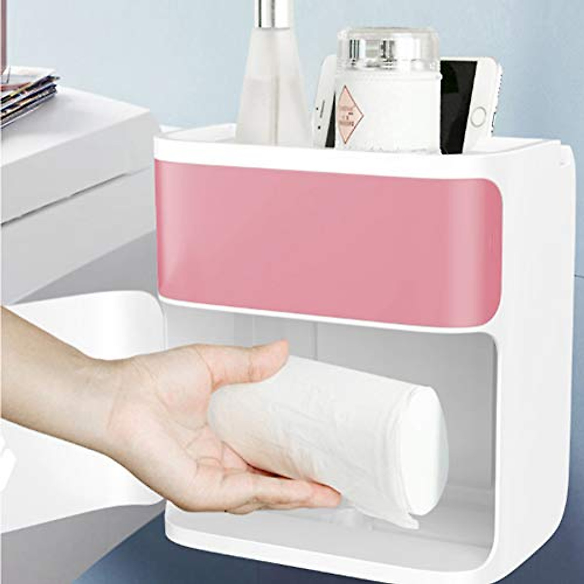 FURLOU Toilet Paper Roll Holder,Double Layer Tissue Rolls Stand Dispenser,with Mobile Phone Holder Wall Mounted Self Adhesive Waterproof Dustproof,Bathroom,Living Room, Kitchen Racks