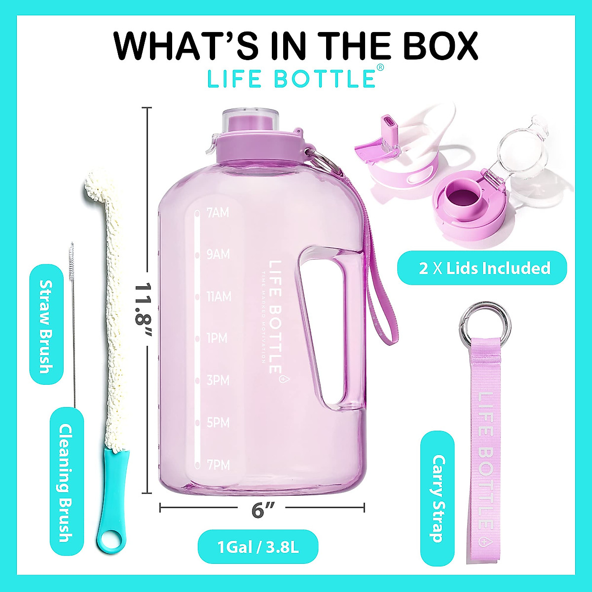 Life Bottle 1 Gallon Water Bottle with Straw Lid and Chug Lid, Leakproof Water Jug. Big Water Bottle with Time Marker, No Quotes. 128 oz with Handle and Straw, BPA Free