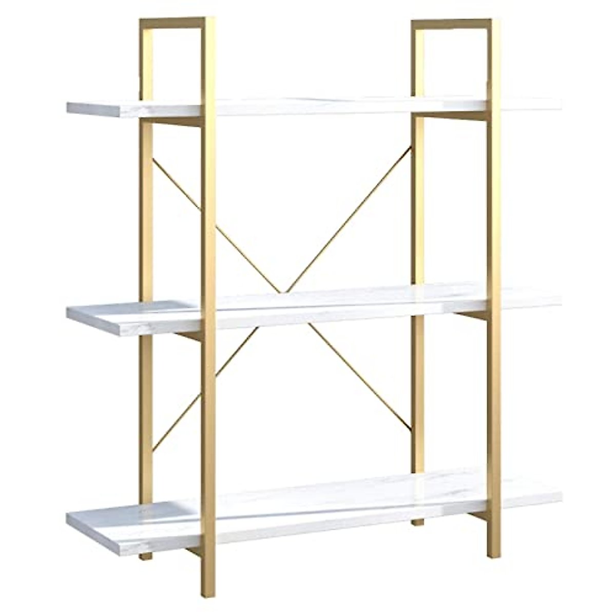 IOTXY 3-Tier Open Shelf Bookcase - Modern Freestanding Wooden Display Stand Unit with Metal Frame for Home and Office, Bookshelf, Gold White