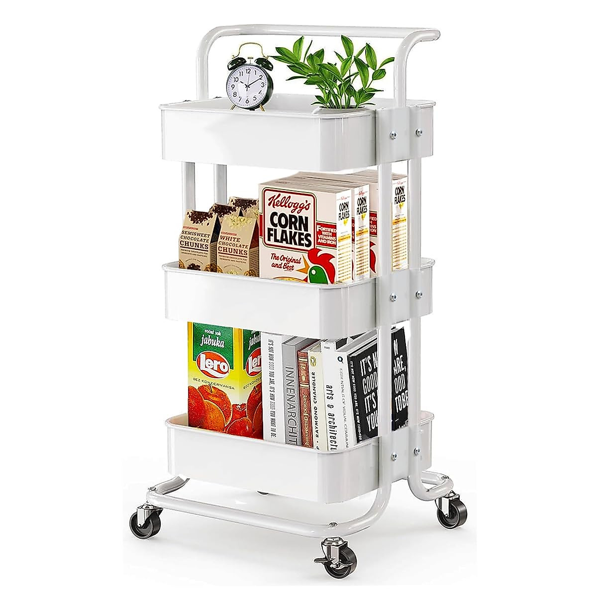 YKL 3-Tier Utility Rolling Cart,Mobile Utility Cart with Lockable Caster Wheels, Metal Organization Cart with Handle Multifunctional Storage Shelves for Kitchen Living Room Office White