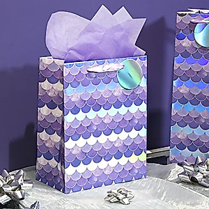 MAYPLUSS Gift Bags Set - 4 Pack - Purple & Silver Fish Scales With Purple Tissue Paper for Mermaid Party, Birthday, Wedding and more