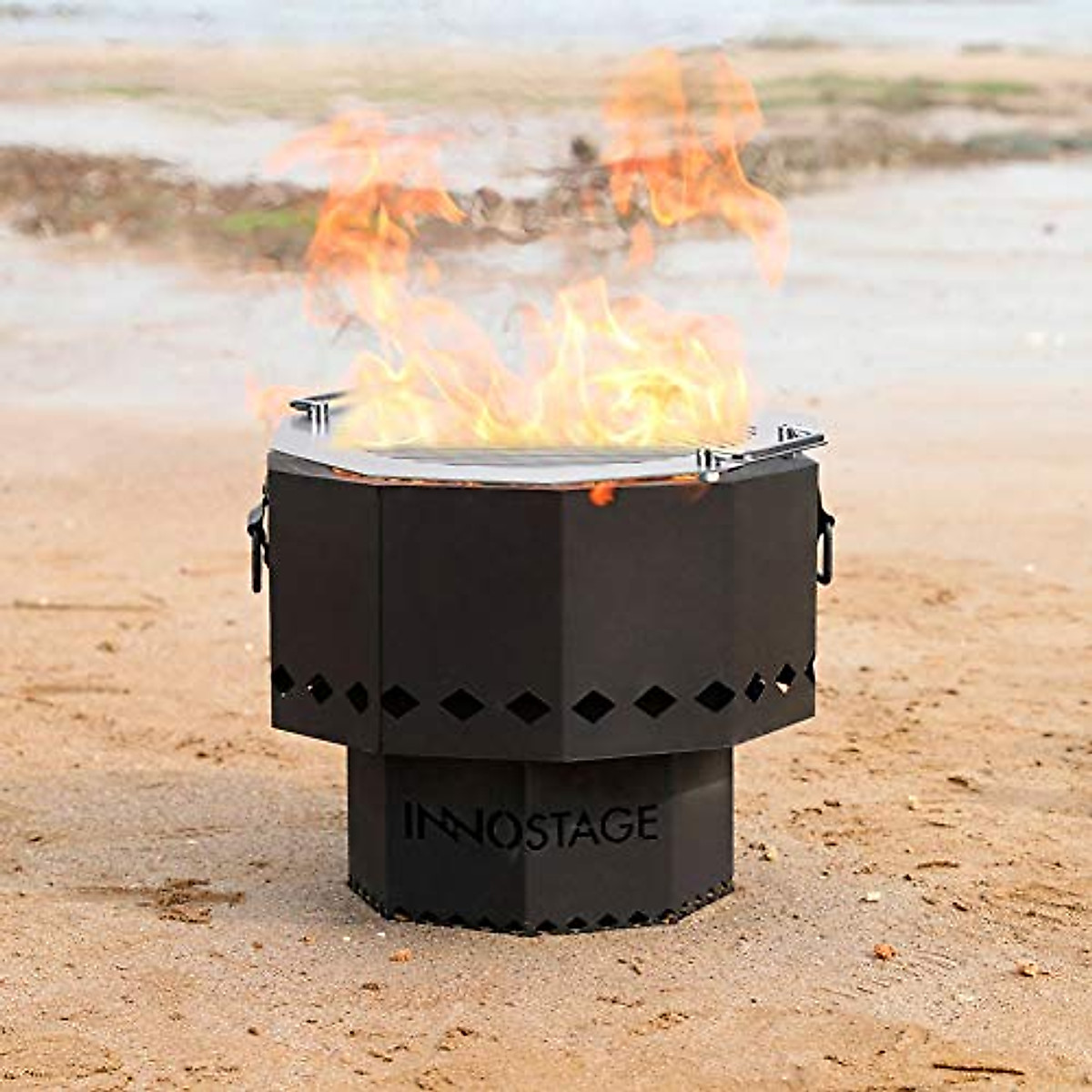 Patented Bonfire Fire Pit with Stainless Barbecue Grill and Portable Carrying Storage Bag, Smoke-Free Firepit Bowl for Wood Pellet with Stand for Outdoor Campfire Flame or BBQ on Patio Garden Backyard
