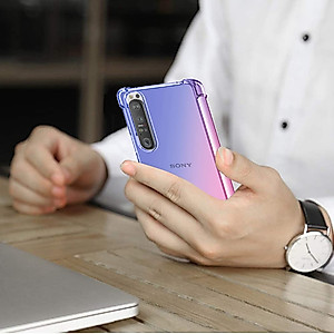 Vokuha for Xperia 1 II Case, XQ-AT51, XQ-AT52 Case with Tempered Glass Screen Protector,Cute Clear Gradient Slim Shockproof TPU Back Phone Protective Cover for Sony Xperia 1 II (Blue/Pink)