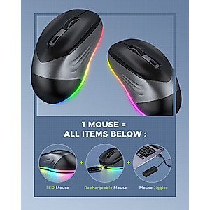 PEIOUS Wireless Mouse, Jiggler Mouse for Laptop - LED Mouse Rechargeable Computer Mice Mouse Mover Undetectable Random Movement with On/Off Button Keeps Computer Awake - Black&Grey